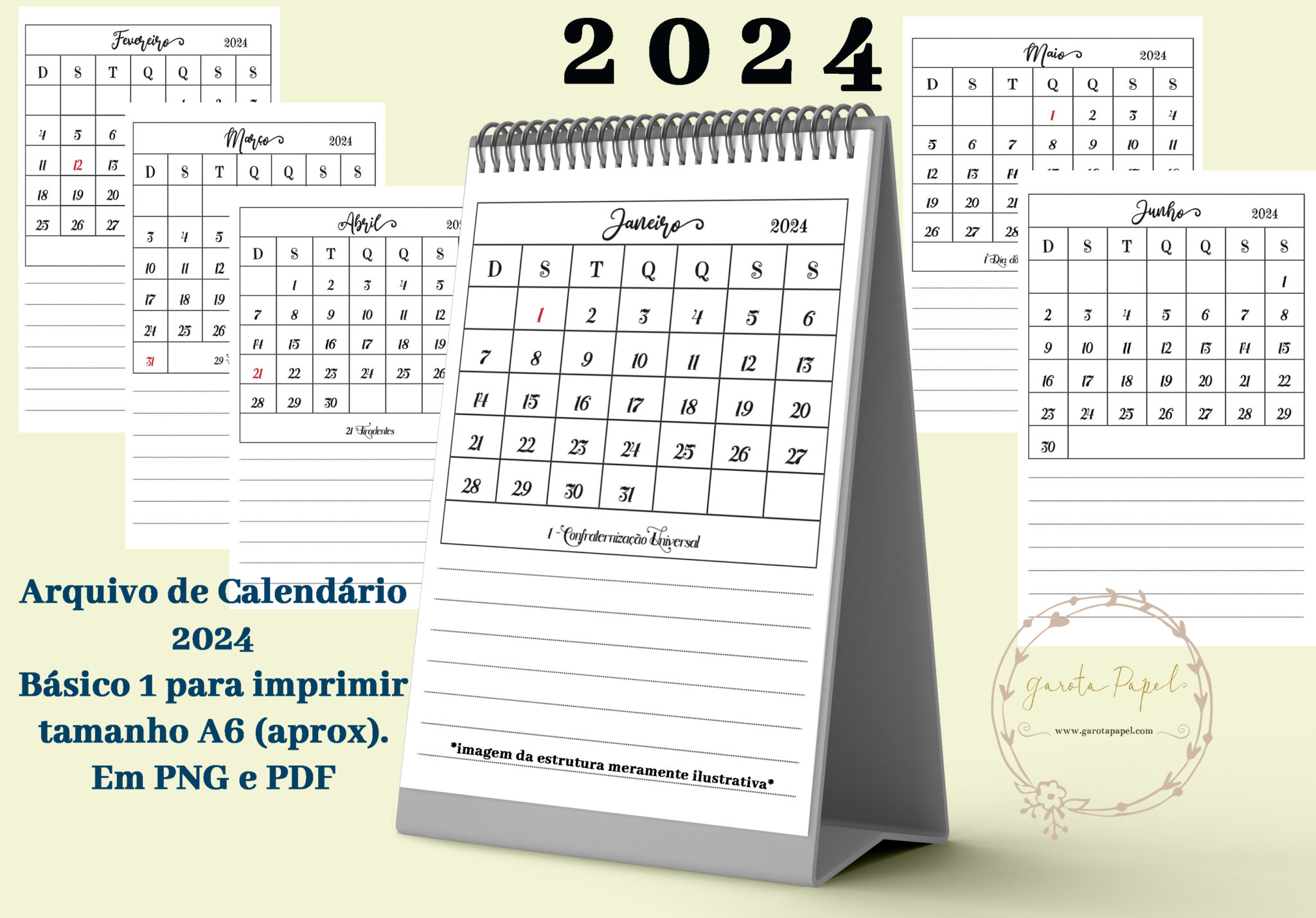 Arquivo Calendário Vertical (A6) 2024 – Garota Papel