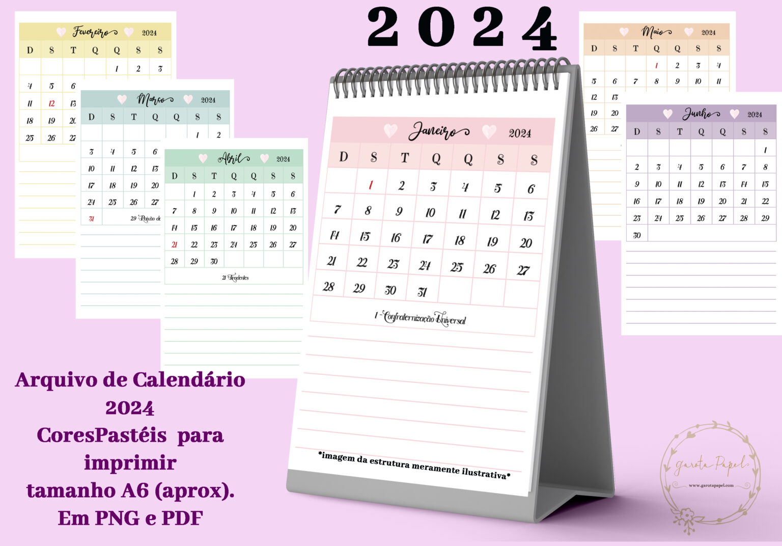 Arquivo Calendário Vertical (A6) 2024 – Garota Papel